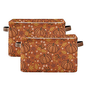 xigua Flowers Autumn Leaves and Pumpkins Foldable Canvas Storage Bin, Sturdy Fabric Storage Basket with Handles, Storage Cube Box for Organizing Shelf Nursery Toy Closet 2PCS