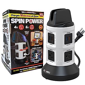 Bell+Howell Spin Power Strip Tower Surge Protector - 4 Outlets, 6 USB Ports, 40" Retractable Cord, 360° Rotation | Electric Charging Station with Built-in Phone & Tablet Holder | USB Outlet Extender