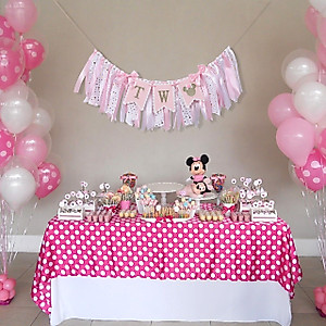 Minnie Mouse 2nd Highchair Banner - Minnie 2nd Birthday Party Decorations,Pink Gold Two High Chair Ribbon Banner,Minnie Mouse Inspired Party Supplies,Sweet Girl Second Birthday Banner Photo Props