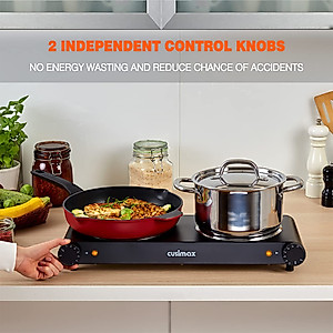 CUSIMAX Double Burner, 1800W Electric Burner Ceramic Hot Plate for Cooking, Dual Control Infrared Burner, Glass Plate Electric Cooktop, Stainless Steel-Upgraded Version