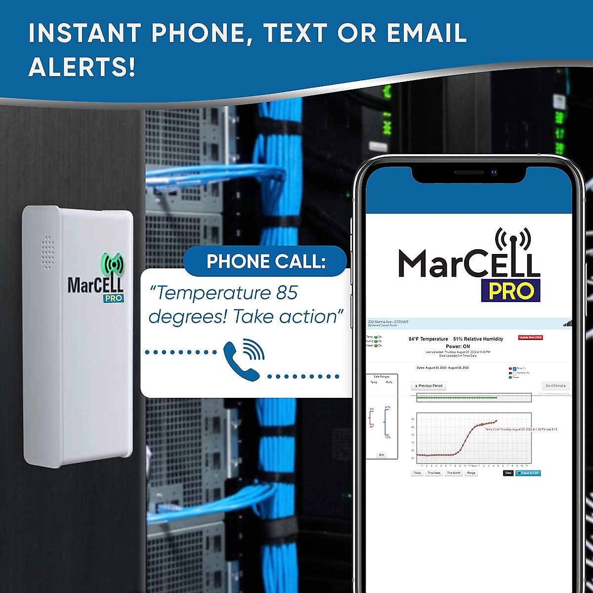 MarCELL PRO - Professional Level Remote Temperature, Humidity & Power and Water or Leak Monitor - No WiFi Needed - RV, Network Room, Freezer, Home - Instant Phone Call Alerts - Made in The USA