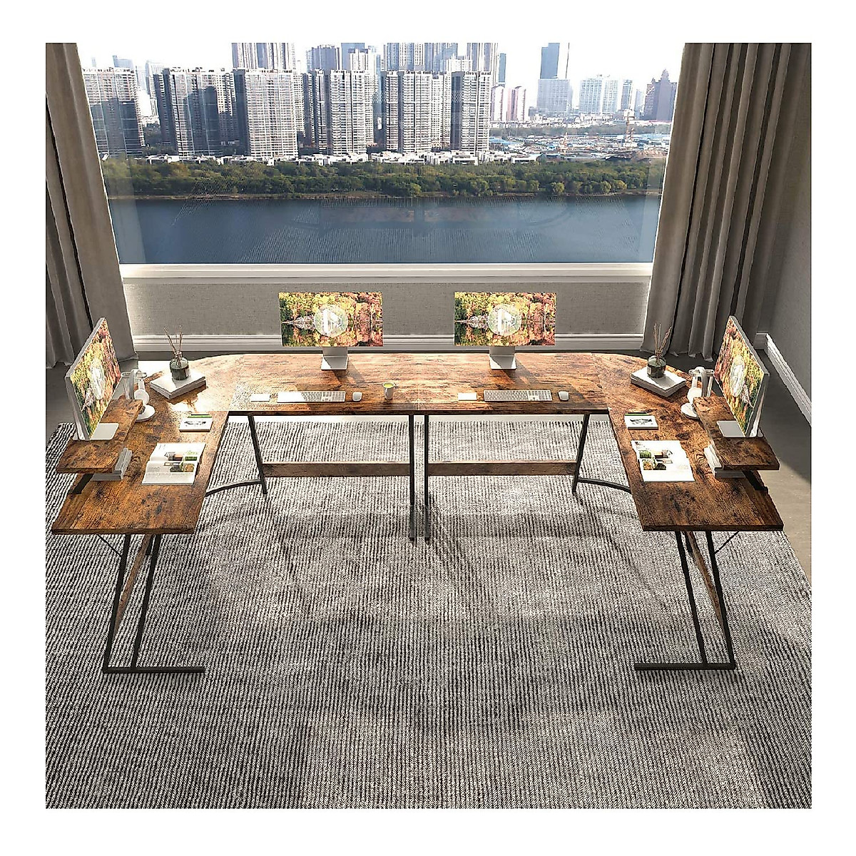 Escritorio en Forma de L, escritorio de esquina de oficina en casa, escritorio Grande para computadora de estudio con soporte de Monitor extraíble, Marrón