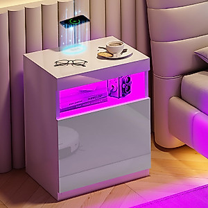 AMERLIFE Modern Nightstand Set of 2, LED Nightstand with Wireless Charging Station, High Glossy Bedside Table Cabinet with Remote Control, End Tables, 24.4" Bedroom Furniture, White