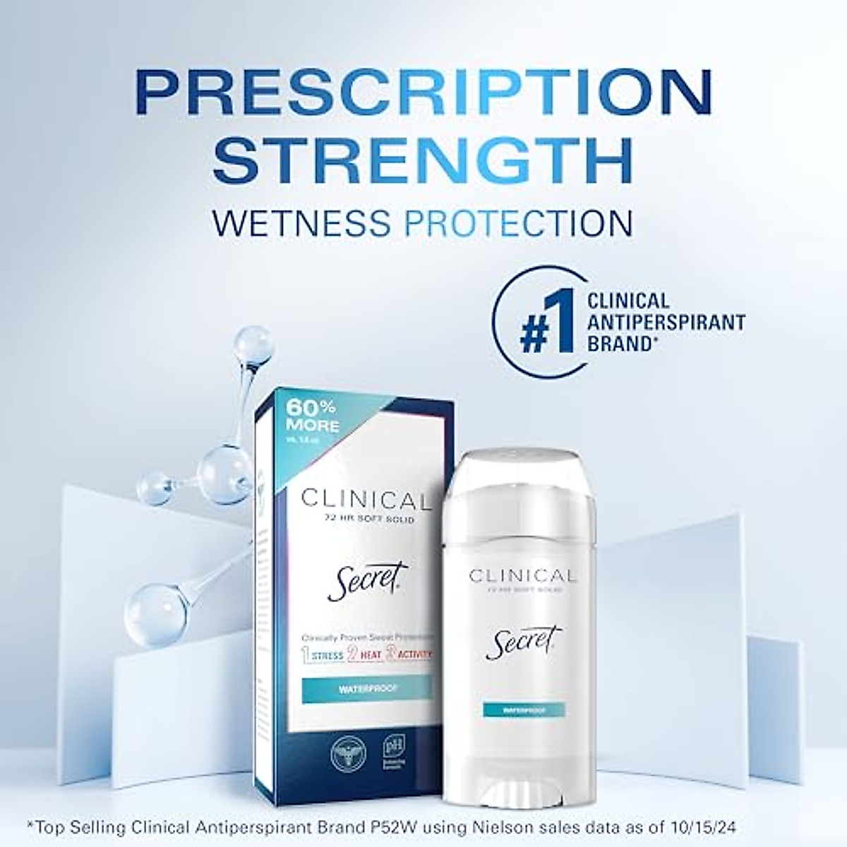Secret Clinical Strength Antiperspirant Deodorant for Women, Waterproof, 3X Stress Protection, 72hr Sweat & Odor Protection, PH Balancing Minerals, Soft Solid, 2.6 oz