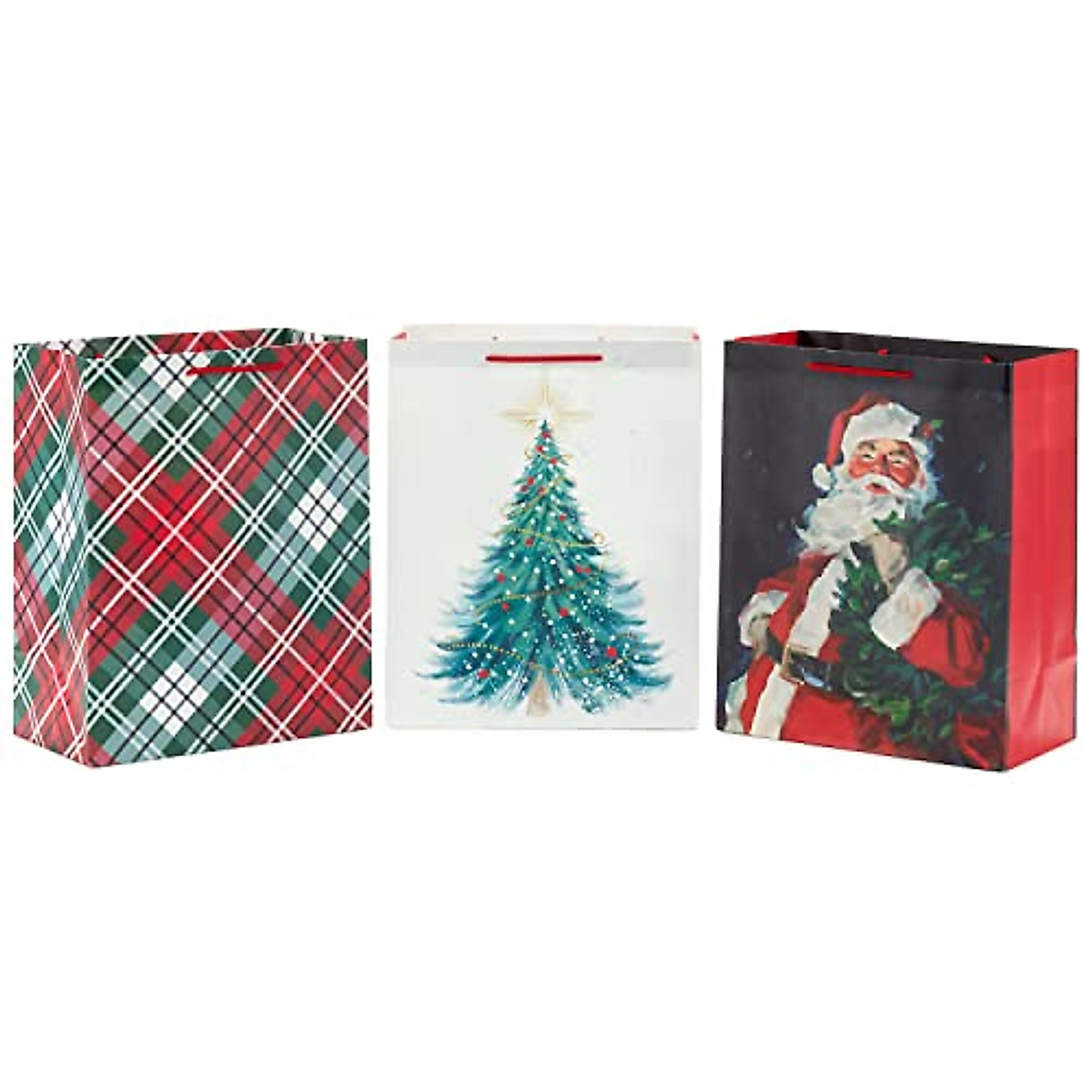 Hallmark 13" Large Christmas Gift Bag Set (3 Bags: Traditional Santa, Red and Green Plaid, Christmas Tree) for Friends, Family, Teachers, Coworkers