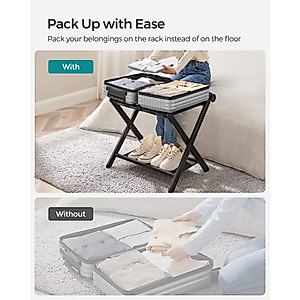 SONGMICS Luggage Rack, Wood Luggage Rack for Guest Room, Folding Suitcase Stand, for Hotel, Bedroom, Heavy-Duty, Holds up to 121 lb, Expresso and Black URLR006R01
