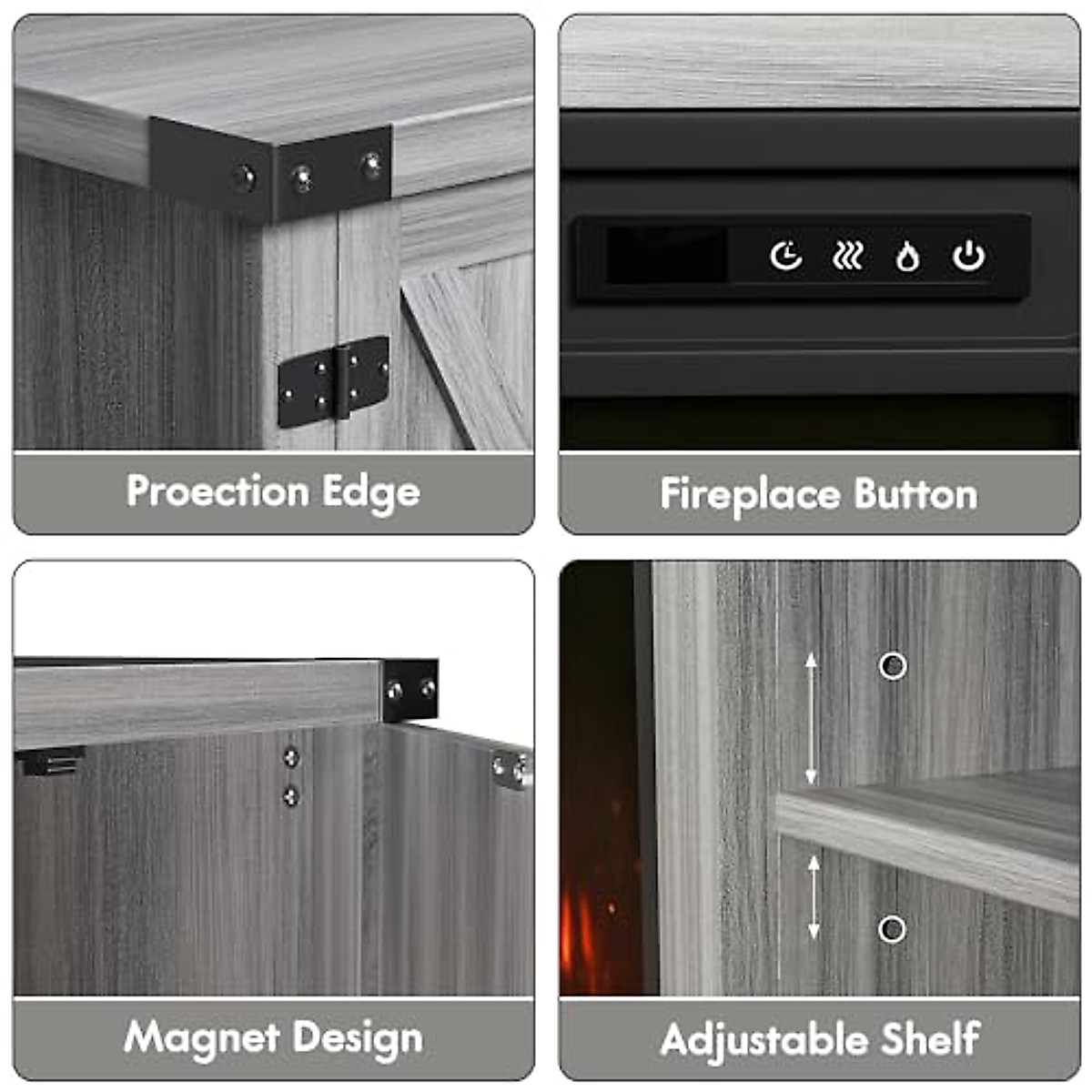 YESHOMY Fireplace TV Stand with Two Barn Doors and Storage Cabinets for Televisions up to 65+ Inch, Entertainment Center Console Table, Media Furniture for Living Room, 58 Inch, Gray Wash