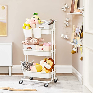 SONGMICS Rolling Cart, 3-Tier Storage Cart, Storage Trolley with Handle 2 Small Organizers, Steel Frame, Plastic Baskets, Utility Cart, Easy Assembly, for Bathroom Laundry Room, White UBSC067W01
