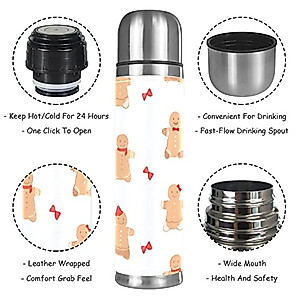 Stainless Steel Leather Vacuum Insulated Mug Gingerbread Man Thermos Water Bottle for Hot and Cold Drinks Kids Adults 16 Oz