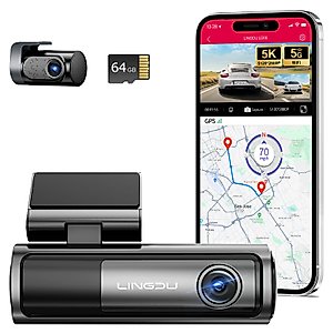 LINGDU LD06 5K Dash Cam, Real 4K+2K Dash Cam Front and Rear, Dash Camera for Cars Include 64GB Card, Built in 5GHz WiFi GPS, Voice Control, Super Night Vision, WDR, Parking Mode