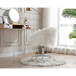 Cute Fluffy Desk Chair Rolling Vanity Chair with Back Faux Fur Home Office Chair with Wheels Adjustable Height Armchair for Teens Adults Study Room Bedroom, White