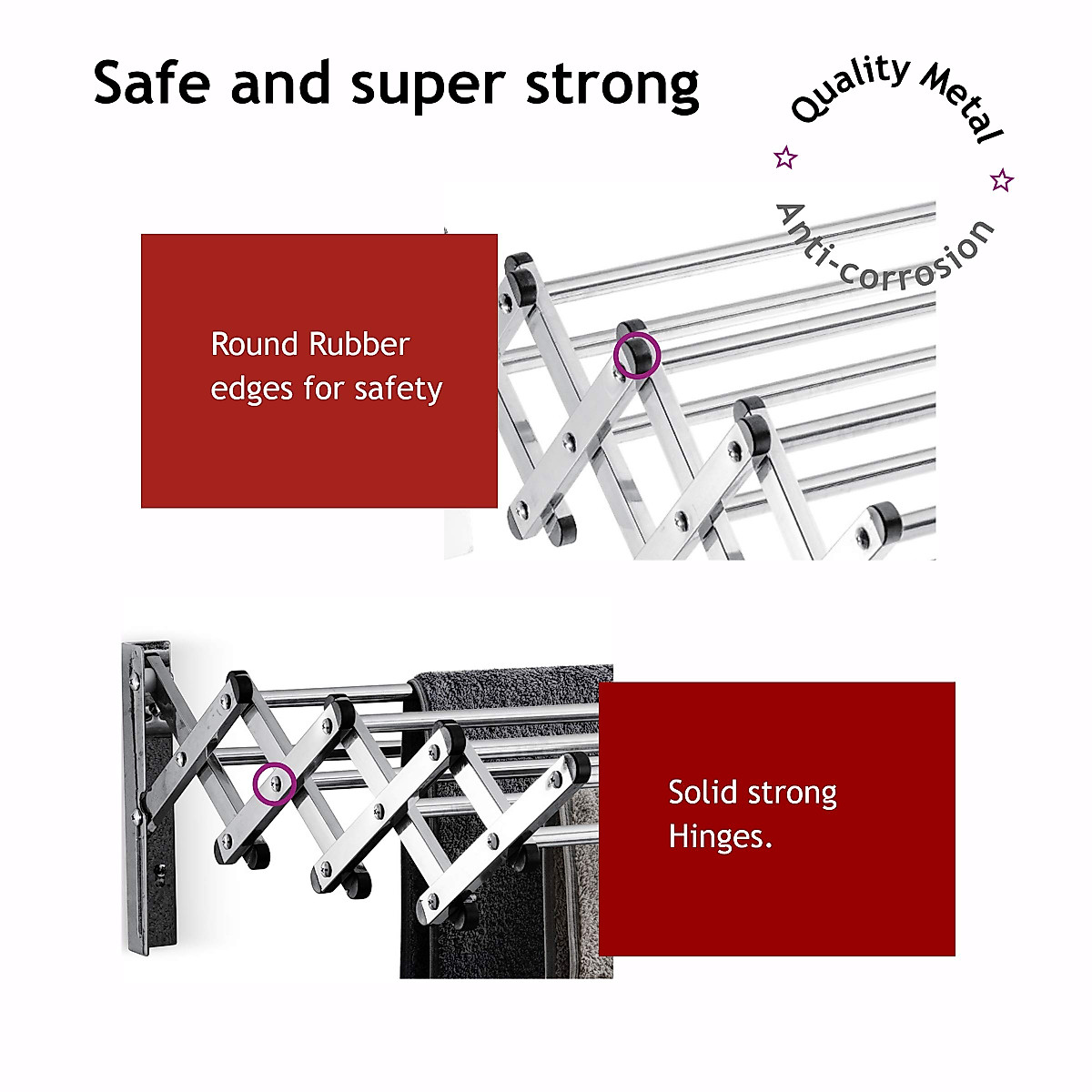 Bartnelli Accordion Wall Mounted Drying Rack | 8 Smooth Round Stainless Steel Rods | Huge 22 Linear Feet Capacity | Compact Sleek Design || 60lb Capacity