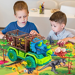 MAGICDINOSAUR Triceratops Dinosaur Truck Toy for Kids 3+ Years, Large Vehicle Carrier Car Toys, Monster Truck with Cage, Dino Eggs, Jurassic Dino Figures and Play Mat, Gift for Boys