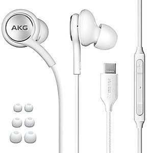 ElloGear 2020 Earbuds USB C Headphones for Samsung Galaxy S21, Note 10, Galaxy S10, S9 Plus, S10e - Designed by AKG - Braided Cable with Microphone and Volume Remote Type-C Connector - White