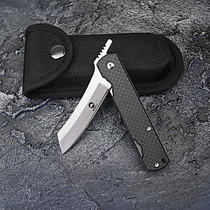NEWOOTZ Handmade Higonokami Razor Folding Pocket Knife with Clip and Sheath,3in D2 Steel Blade,Carbon Fiber Liner Lock Handle EDC Knives for Men