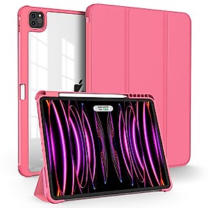 OKP for New iPad Pro 12.9 Case 6th/5th/4th/3rd Generation 2022/2021/2020/2018, 12.9 inch ipad Pro Case with Trifold Stand, 12.9'' Cover with Slim Lightweight Clear PC Back Shell for Women Men, Pink