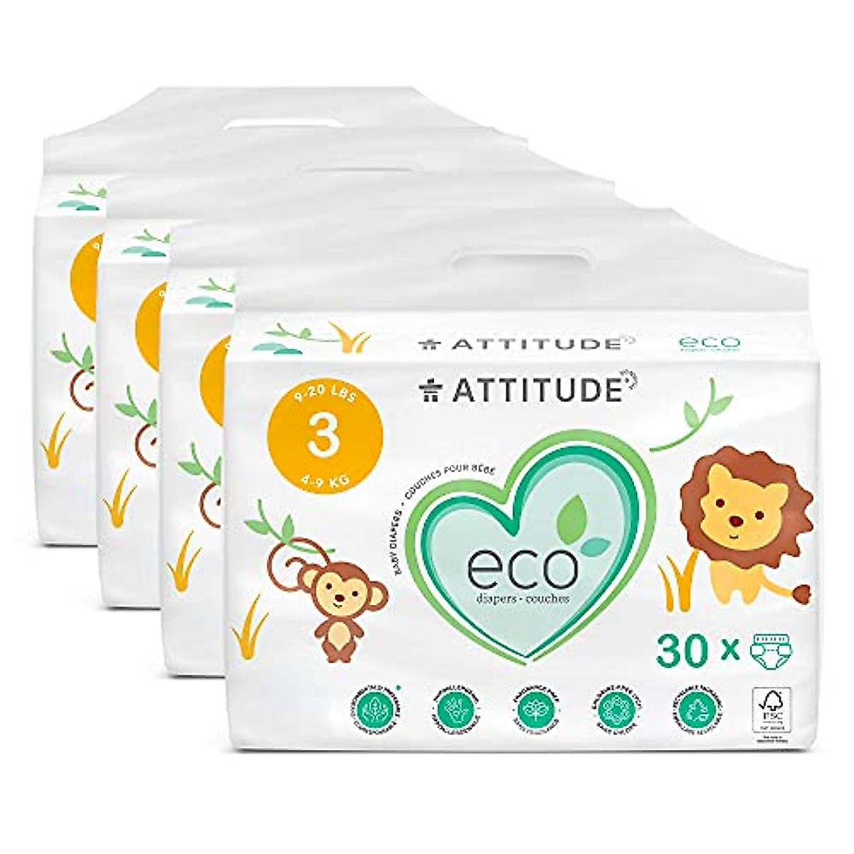 ATTITUDE Diapers, Safe for Sensitive Skin, Chlorine-Free, Leak-Free & Biodegradable Baby Diapers, Fragrance-Free, Size 3 (9-20 lbs), 120 Count (4 Packs of 30)