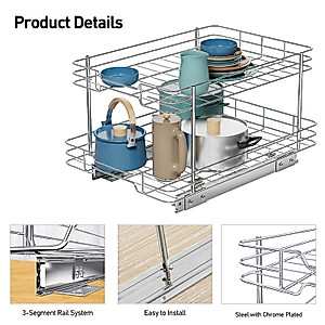Lxmons 2 Tier Pull-out Cabinet Organizer, 17" W x 21" D Kitchen Under Sink Organizer, Slide Out Home Spice Rack Storage for Pots and Cans, Drawer Pantry Shelf Organization for Bathroom Base, Chrome