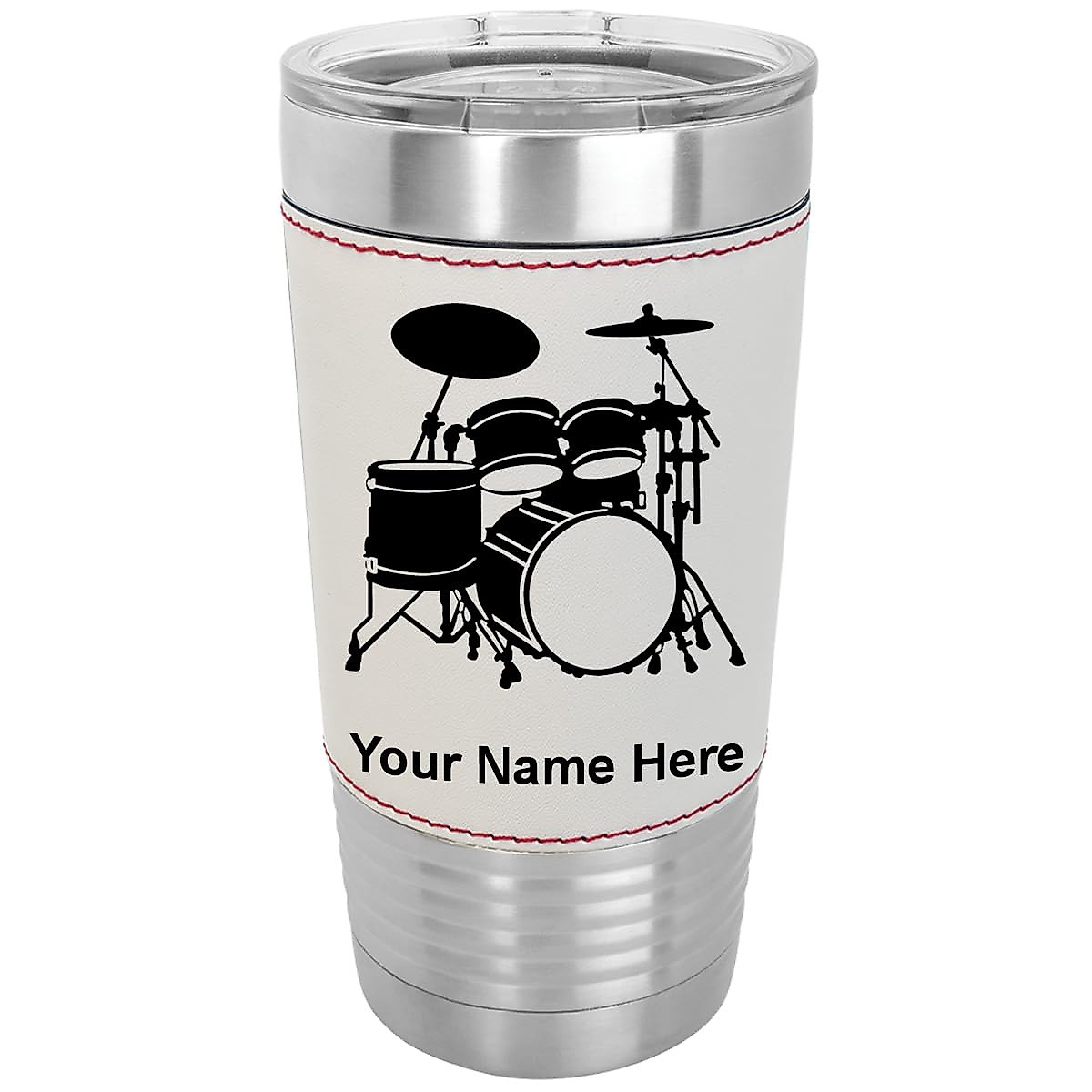 LaserGram 20oz Vacuum Insulated Tumbler Mug, Drum Set, Personalized Engraving Included (Faux Leather, Baseball Style)