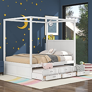 Polibi Wooden Daybed, Twin Size Canopy Daybed with 3 in 1 Drawers (White)