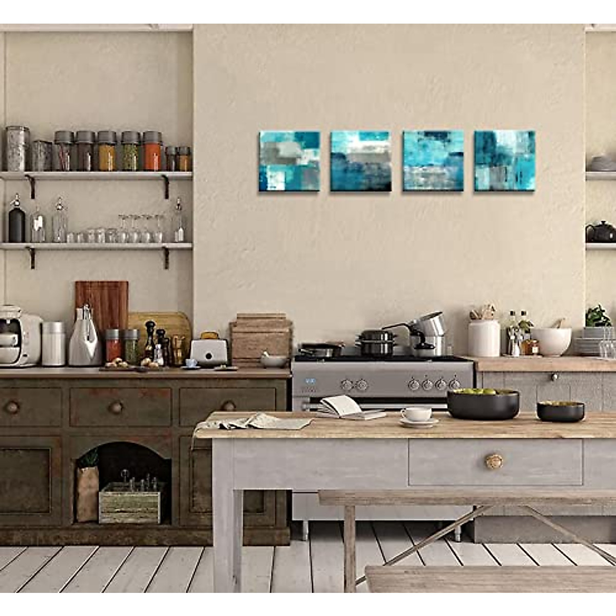 Abstract Wall Art Canvas Turquoise and Grey Abstract Art Painting Canvas Artwork Contemporary Wall Art for Bathroom Bedroom Living Room Kitchen Wall Decor 12" x 12" x 4 Pieces Canvas Prints