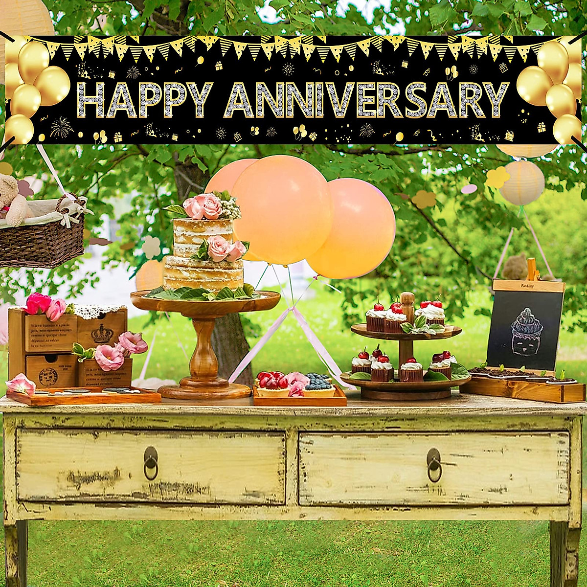 Wedding Anniversary Banner Decorations, Large Happy Anniversary Yard Sign Party Supplies Decor, Black Gold Outdoor 16th/21st/30th/40th Anniversary Decorations Photo Booth Props(9.8 X 1.6ft)