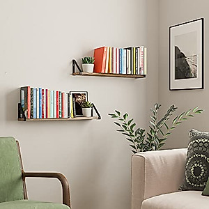 Wallniture Ponza Floating Shelves for Living Room Wall Decor, 24" Wood Wall Bookshelves, DVD Storage Shelf Bedroom Bathroom Decor Natural Burnt Set of 2