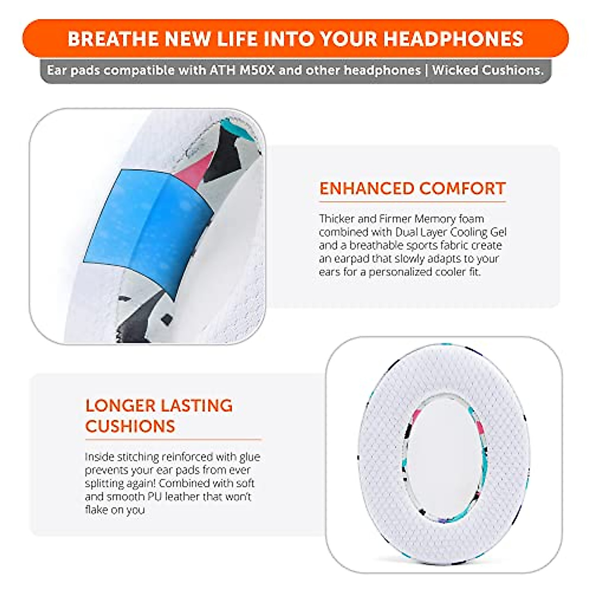 WC Freeze Hybrid Fabric Cooling Gel Replacement Earpads - Compatible with HyperX Cloud, Steelseries Arctis, ATH M50X, Turtle Beach Stealth & More - Comfortable & Cooler for Longer | (90's White)