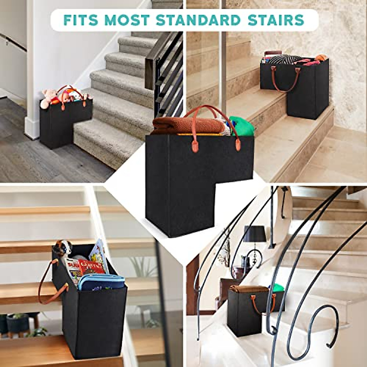 Stair Basket and Stairway Organizer with 2 Reinforced Durable Leather Handles for Standard Sized Stairsteps, Made of Non-Woven Felt Fabric, Collapsible