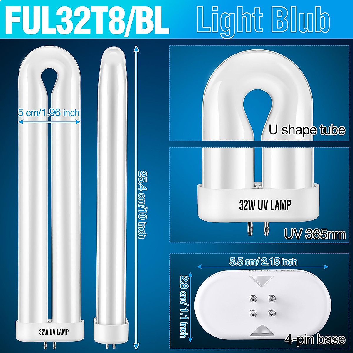 BF190 Replacement Bulb Compatible with Flowtron BK-40D Bug Zapper Electronic Insect Killer, 10 Inch FUL32T8/BL U Shape Bug Zapper Light Bulb for Outdoor (4 Pack)