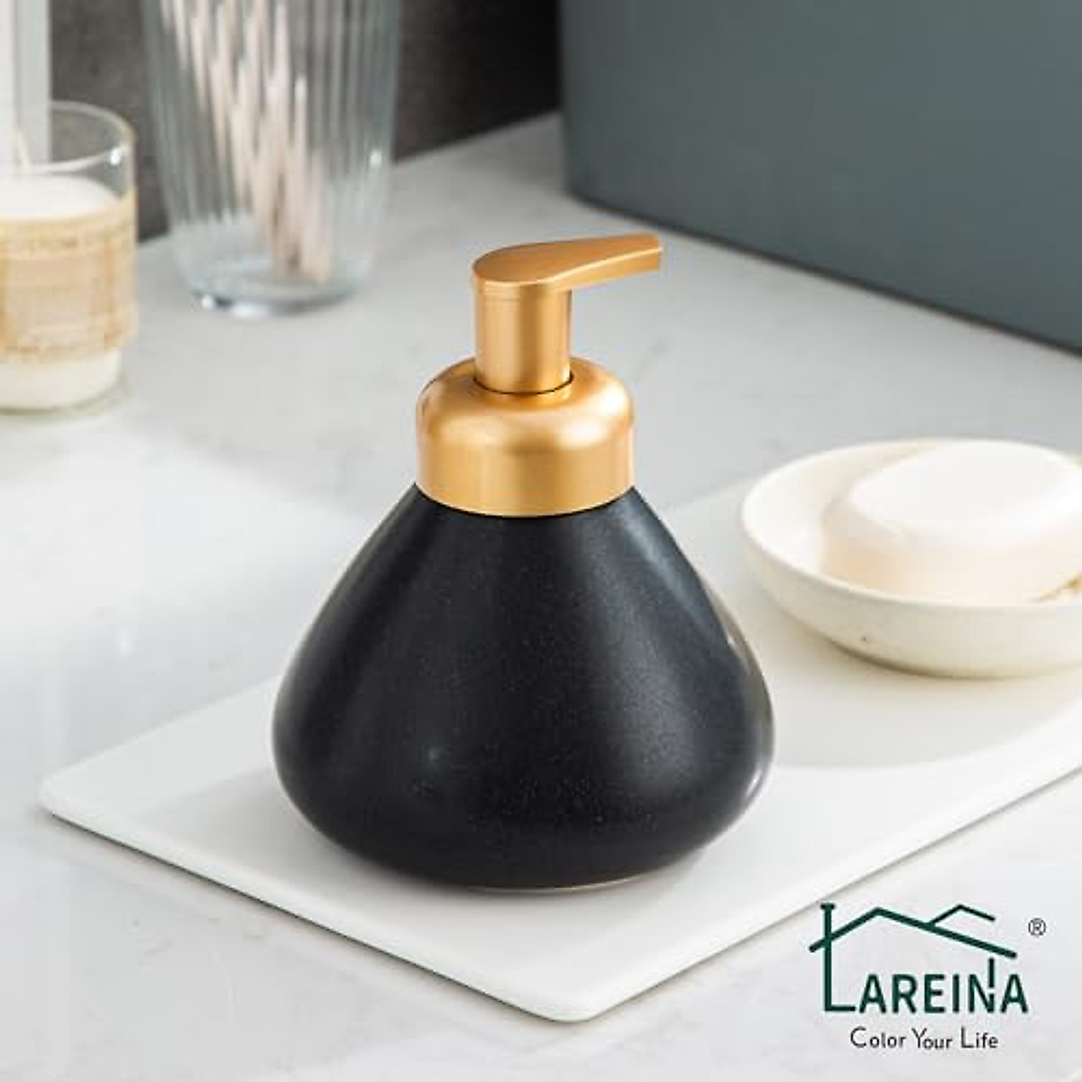 Lareina Foam Hand Soap Dispenser - 16 oz Bathroom Lotion Hand Pump Dispenser, Ceramic Foaming Soap Dispenser with Gold Removable Pump for Kitchen Hand Wash Dispenser, Black