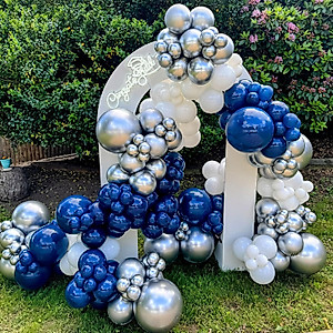 140Pcs Blue Balloon Arch Garland Kit, Navy Blue Dusty Blue Metallic Silver White Latex Balloons for Boys Men Birthday Baby Shower Wedding Gender Reveal Graduation Outer Space Party Decorations