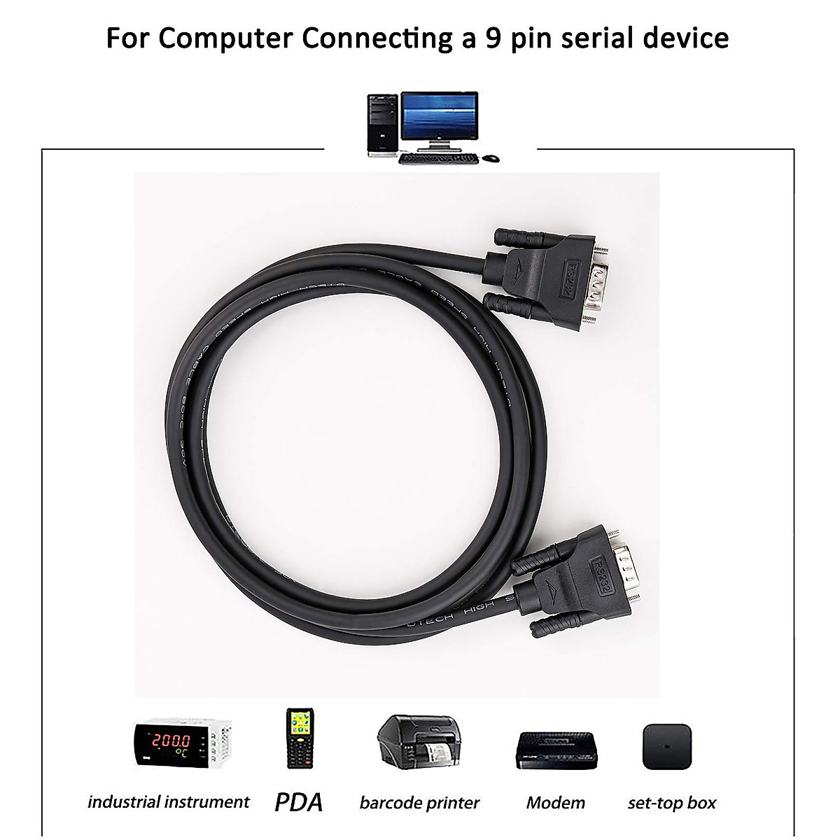 DTech DB9 RS232 Serial Cable Male to Female Null Modem Cord Full Handshaking 7 Wire Crossover for Data Communication (15 Feet, Black)