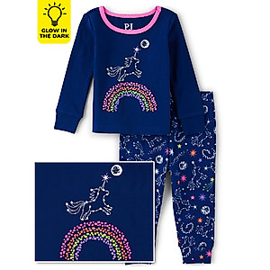 The Children's Place Girls' and Toddler Long Sleeve Top and Pants Snug Fit 100% Cotton 2 Piece Pajama Set, Glow Unicorn-Baby