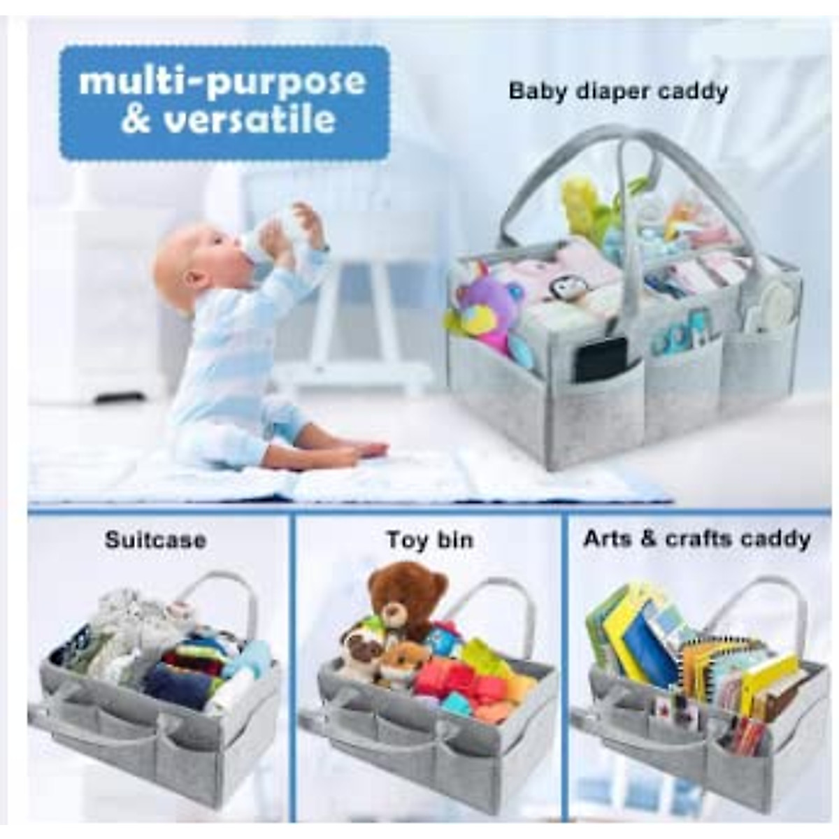 Everyday Baby Diaper Caddy organizer -Thick Heavy Duty Portable Nursery Storage Bin and Car Caddy Organizer - Felt Baby Diaper Bag for Storage with Handle –New Born Essentials Baby Gifts