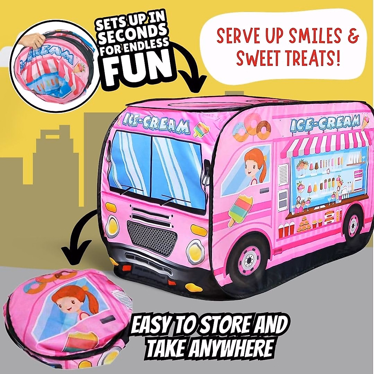 Pop Up Play Tent for Kids - My First Foldable Indoor & Outdoor Playhouse Vehicle Toys for Toddlers, Boys and Girls (Ice Cream Truck)