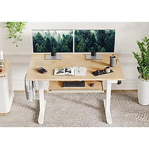 INNOVAR Electric Standing Desk, Solid Wood Adjustable Desk with Keyboard Tray, 48×24 Inch Stand up Home Office Desk with Whole-Piece Board, White Frame/Natural Top