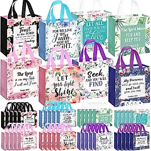 Riakrum 32 Pcs Bible Verse Flower Gift Bag with Handles Religious Reusable Gift Bags Bulk Christian Baptism Tote Bags Non Woven Gift Bags for Women Wedding Birthday Gift Wrapping Bags