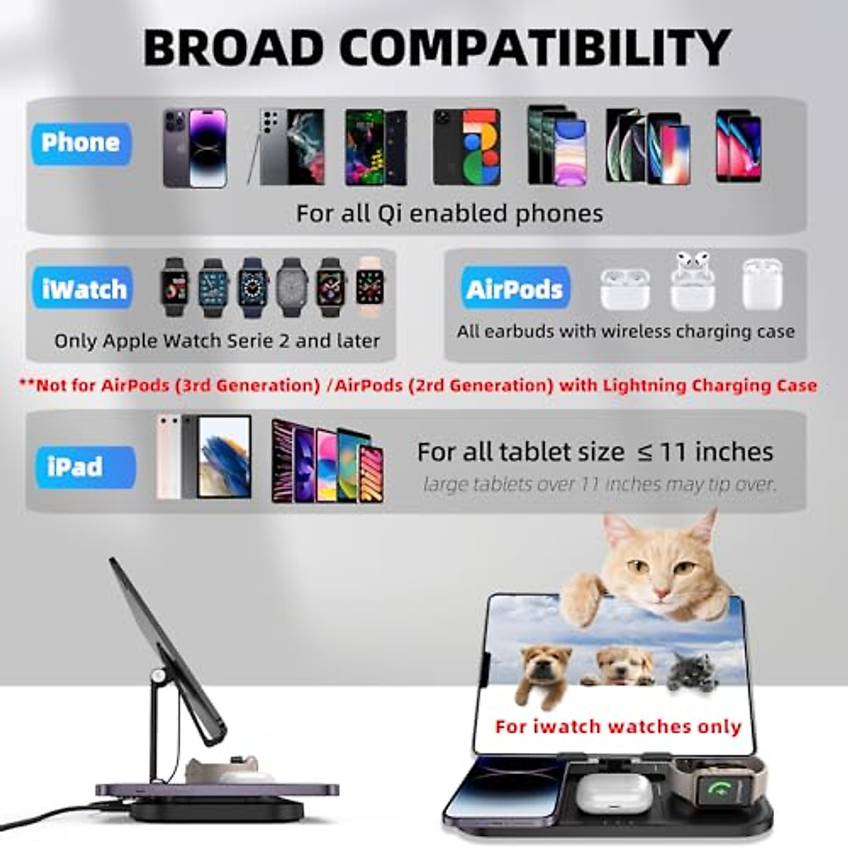 Wireless Charging Station for Apple, Wired Charger for iPad Charging Station, 4 in 1 Wireless Charging Stand Multiple Devices for iPhone 15 Pro Max 14 13 12, iWatch 8 7 6 5 4 3 2 Se, Airpods 3 2 Pro