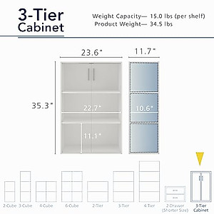 HOMES: Inside + Out Apexa 3-Tier Stackable Wood Bookcase with Doors, Cube Storage Organizer Shelves, Small Food Pantry Cabinet, Dorm Teen Room Decor & Bedroom, Home Office, Kitchen, White