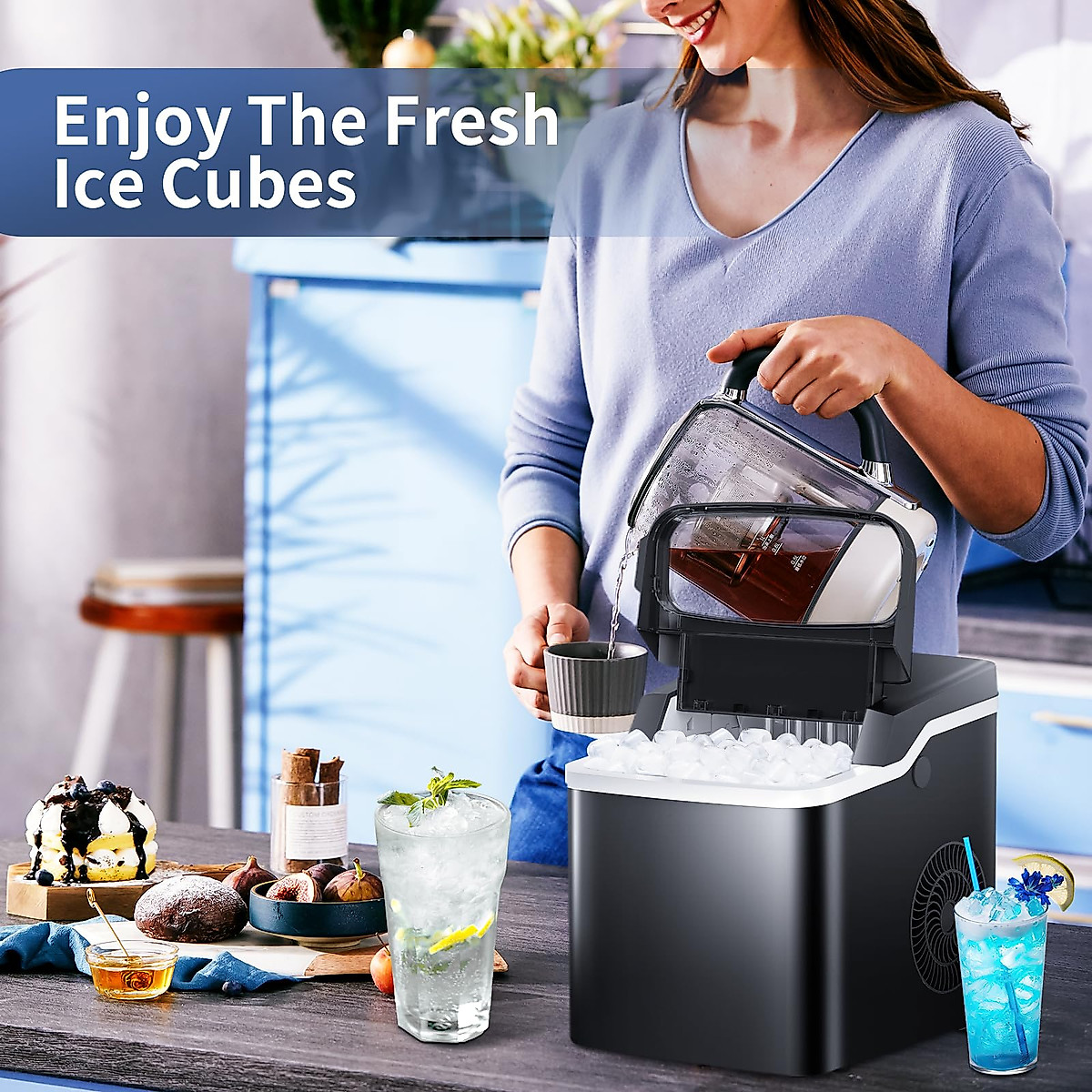 Antarctic Star Ice Maker Countertop with Auto-Cleaning, 26Lbs/24Hrs, 9 Cubes in 6 Mins, One-Click Button, 2 Sizes of Bullet Ice, Energy Saving Ice Machine, for Kitchen, Office, Dorm, Black