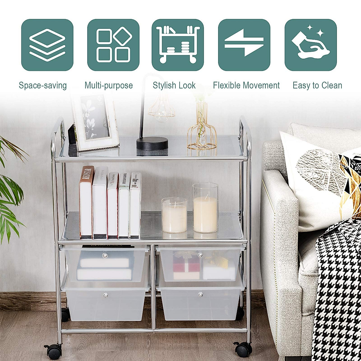 RELAX4LIFE Storage Cart W/Four Drawers, Wheels and Two Shelves, Stable Steel Frame Craft Cart for Office,Home, Make Up Storage and Files Arrangement Storage Cart Organizer (Clear)