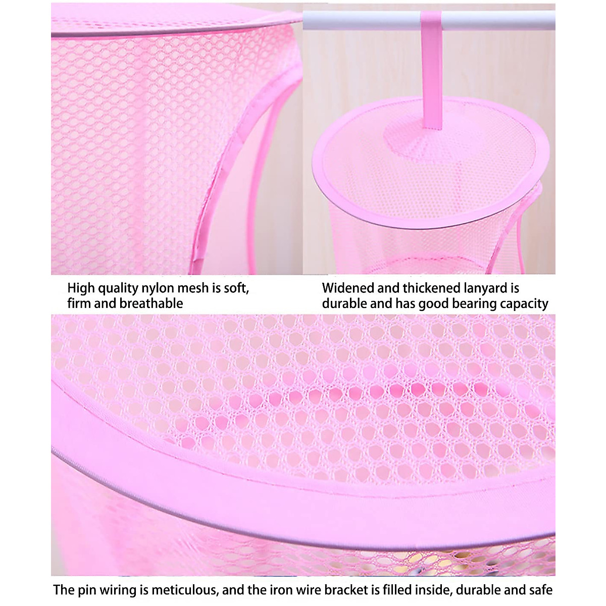 Mesh Hanging Storage Basket With 3 Compartments Foldable Hanging Storage Organizer Net Bag for Toys Storage, Space Saver Sundries Clothes Bra Underwear Socks Drying Basket Laundry Hamper (Blue)