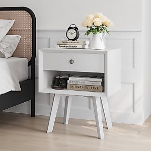 Smart FENDEE White Night Stand with Drawer, Side Table for Small Places, Mid Century Modern Nightstands with Solid Wood Legs, Beside Tables for Bedroom, 23.6" Tall