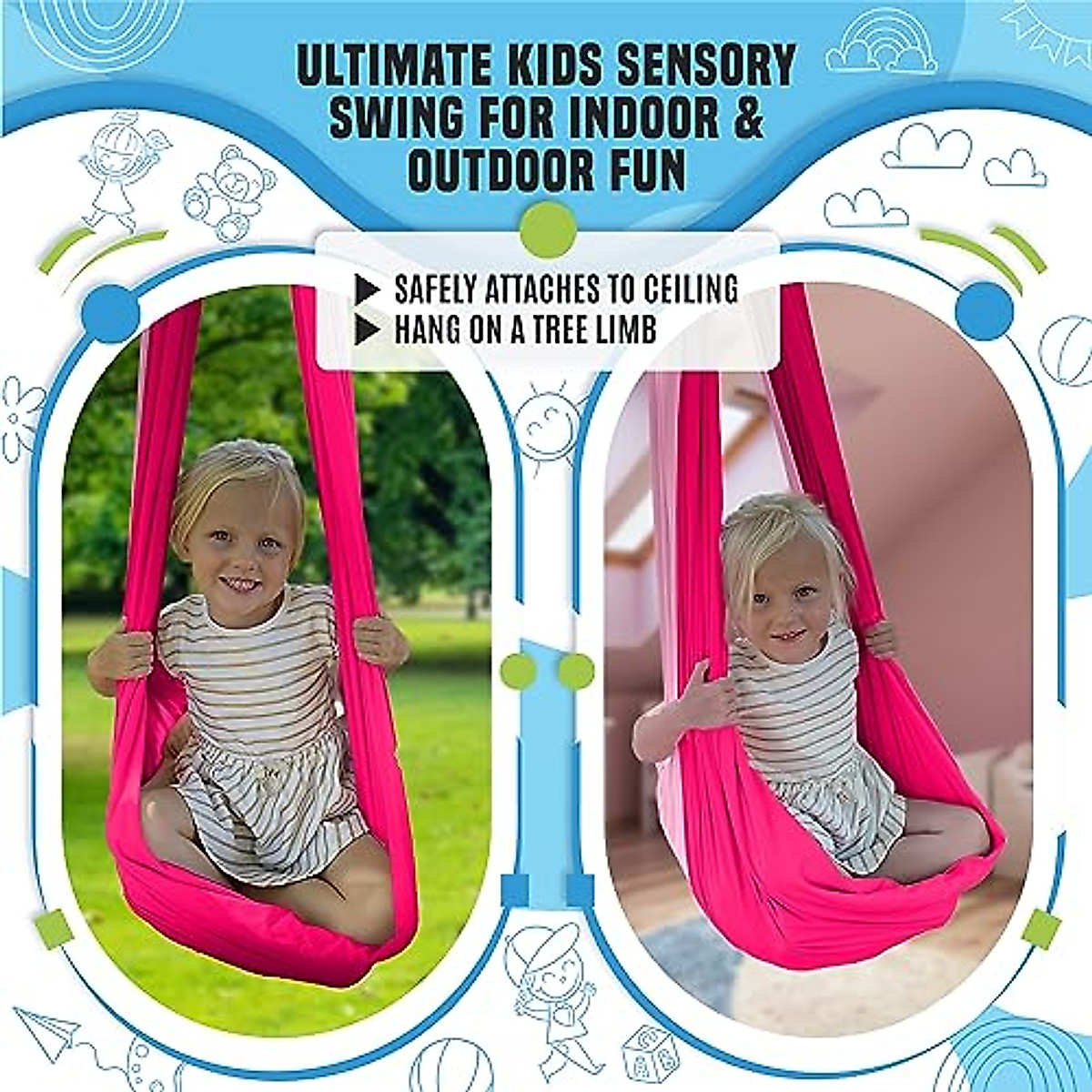 EFITOME Sensory Swing for Kids Indoor Ceiling/Outdoor Tree Hanging Kit - Therapeutic Swing for Autism, ADHD & Aspergers - Two Tone Pink Compression Swing - All Hardware Included