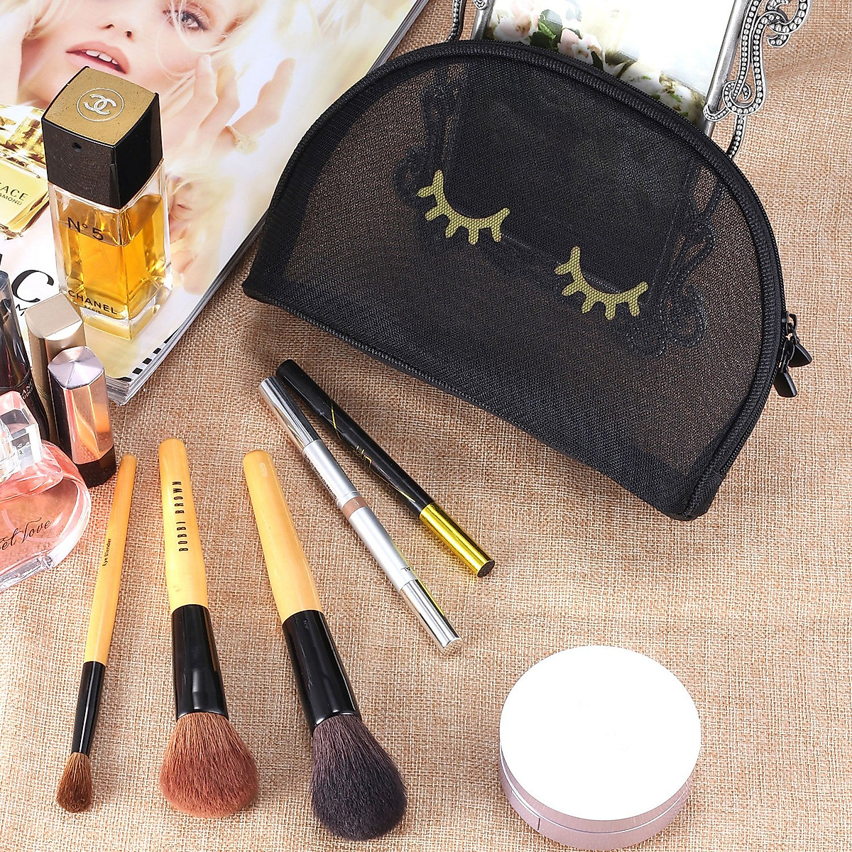 Cosmetics Bag, See Through Makeup Bag/Organizer, Stylish Eyelashes, 9x6 pouch, Mesh Travel Accessories Organizer by Charmonic (Black)