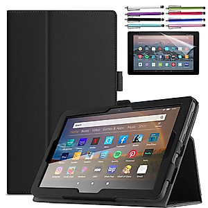 EpicGadget Case for Amazon Fire HD 8 / Fire HD 8 Plus (12th/10th Generation, 2022/2020 Released) - Lightweight Auto Wake/Sleep Folio Stand Cover Case + 1 Screen Protector and 1 Stylus (Black)