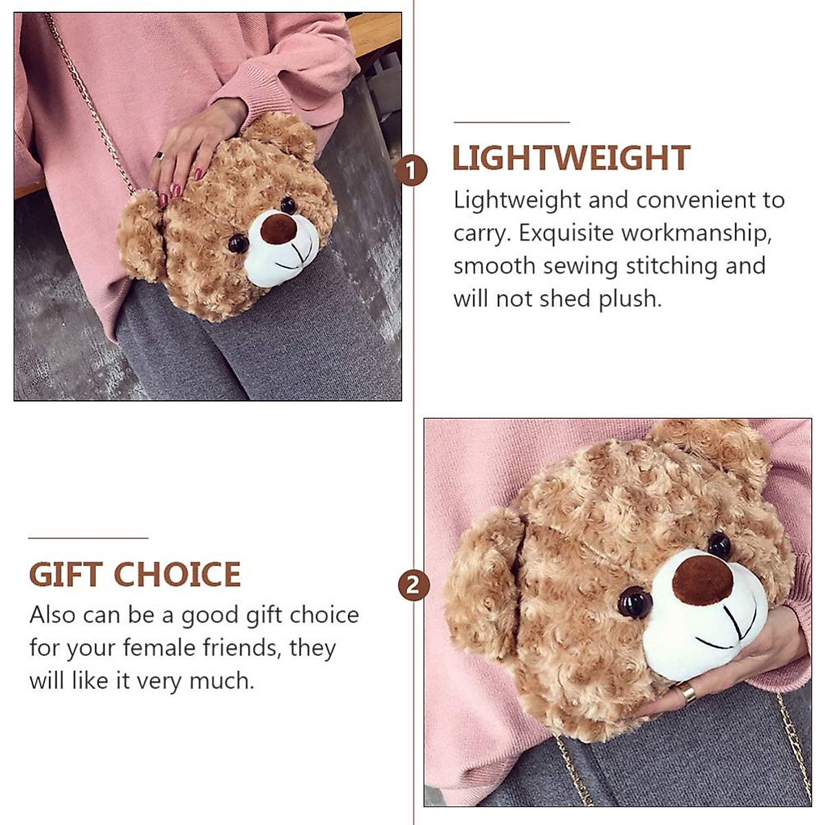 VALICLUD Storage Bag Crossbody Bag Cute Bags Lovely Cartoon Shaped Shoulder Bag Plush Chain Bag for Girls Women Head Bags Coffee Bear Purse Plush Shoulder Bag