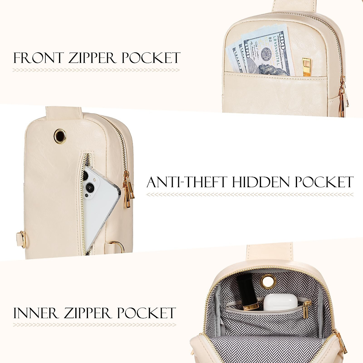 MoKo Vegan Leather Sling Bag - Small Trendy Casual Adjustable Detachable Shoulder Strap Crossbody Bags for Women and Men Daily Hiking Travel, Beige