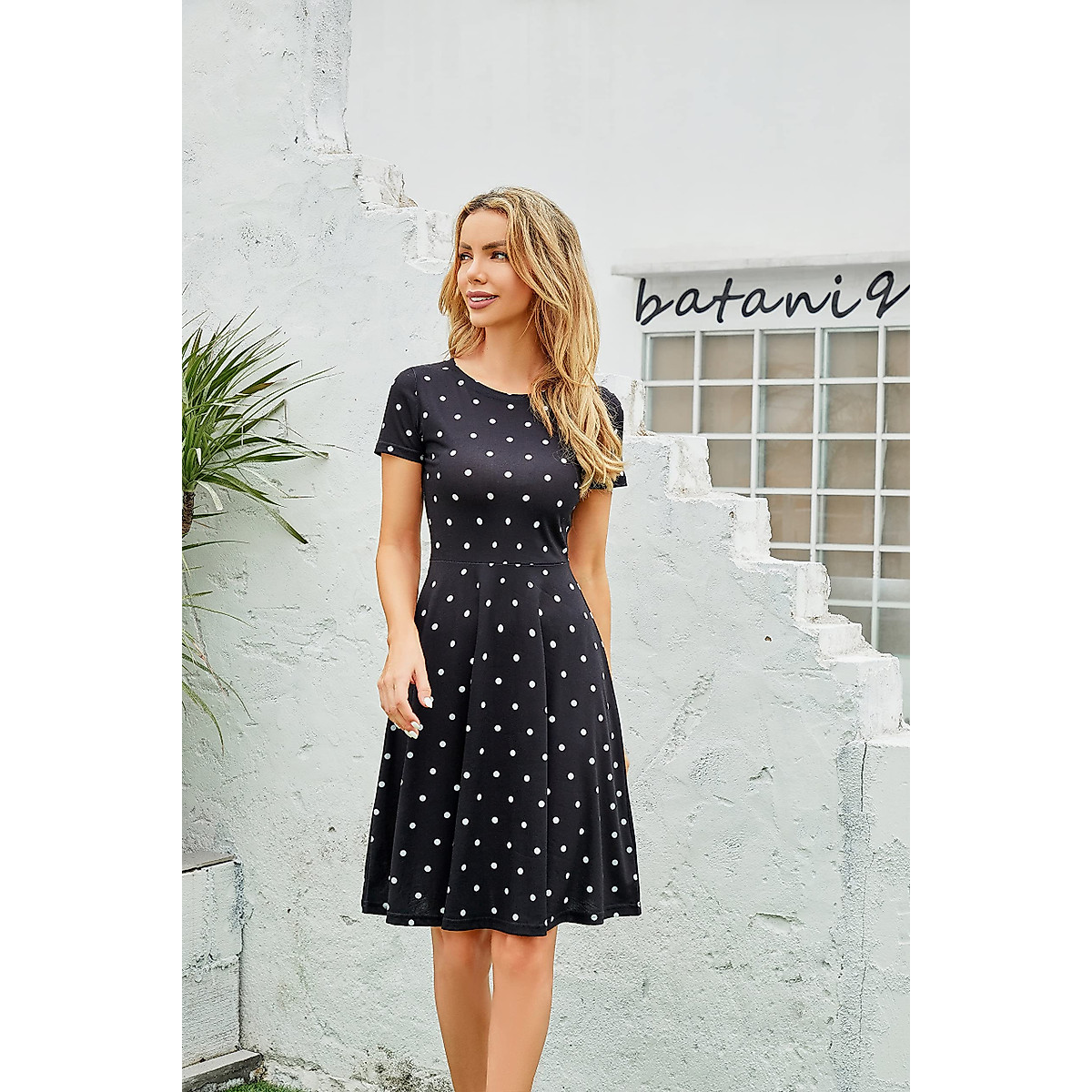 MicroStar dresses for women 2023 Slim Short Sleeve Round Neck A Line Fit and Flare Knee Length Sun Dress Black Polka Dot